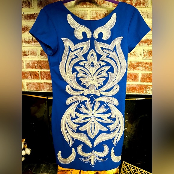 Dresses | Royal Blue With White Patterned Stitching Cocktail Dress ...